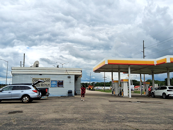 The juxtaposition says it all—ordinary gas station, extraordinary elephant. Only in the heartland, folks.