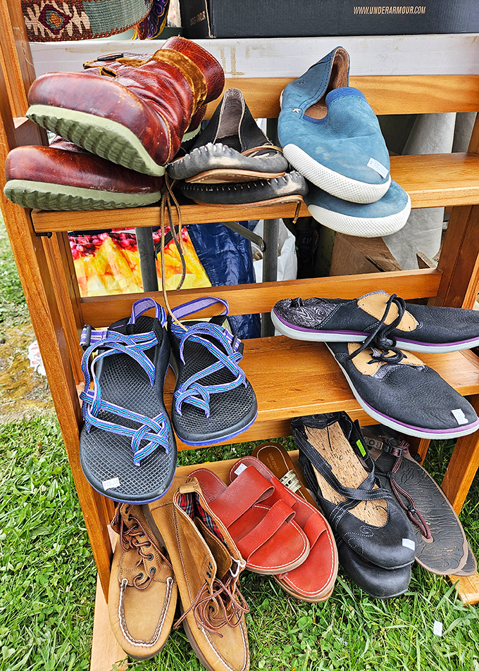 The footwear graveyard where gently worn shoes await resurrection. Someone's castoffs become another's "vintage-chic" statement pieces.