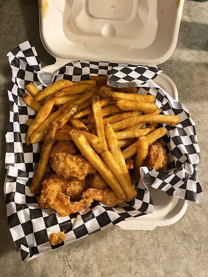 A basket of golden-fried shrimp and fries that would make even the most dedicated health guru temporarily abandon their principles.