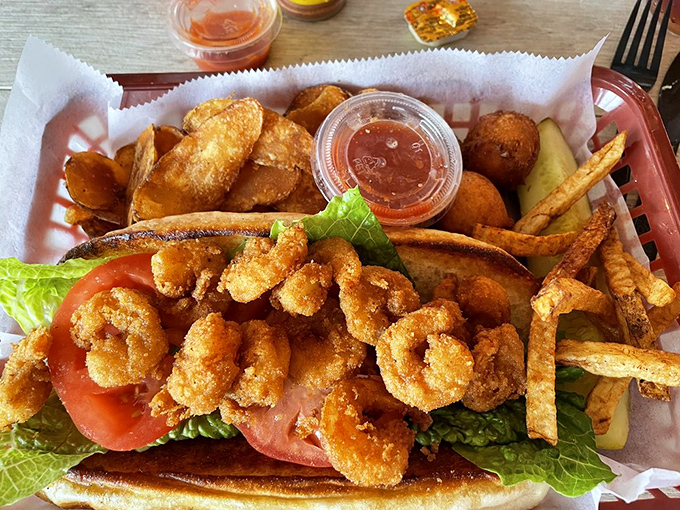 The shrimp po' boy arrives dressed to impress with crispy fried shrimp cascading over lettuce like they're staging their own delicious avalanche.