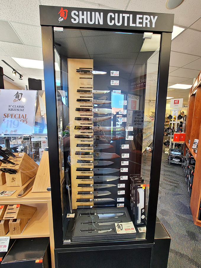 Shun Cutlery displays their blades like works of art, tempting home chefs to elevate their kitchen game one precisely sliced tomato at a time.