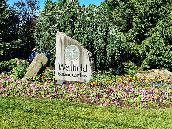 The entrance sign, surrounded by flowers that seem to be saying, "You're going to love what's inside!"