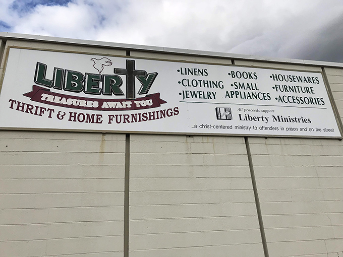 The sign says it all &ndash; treasures await! From linens to jewelry, this thrift paradise supports Liberty Ministries' community outreach programs.