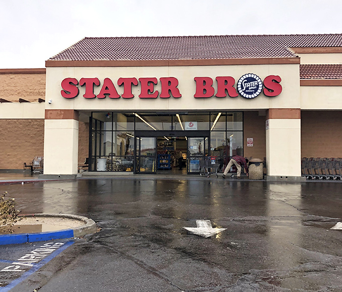 Stater Bros. provides all the grocery essentials without big city prices. The wet parking lot might be the most moisture you'll see all month in this desert town.