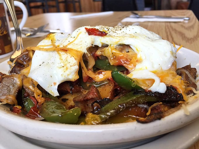 A skillet that's working overtime&mdash;peppers, onions, mushrooms, and eggs in perfect harmony. The breakfast equivalent of a symphony.