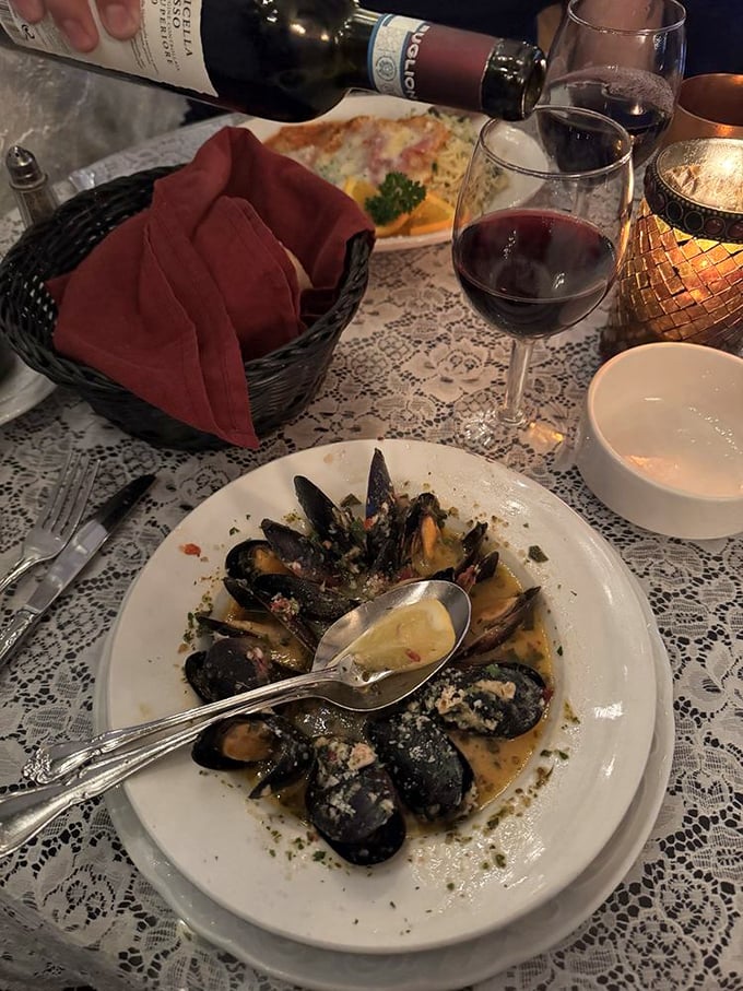 Mussels bathed in a garlicky broth that's so good you'll be plotting how to drink it without anyone noticing.
