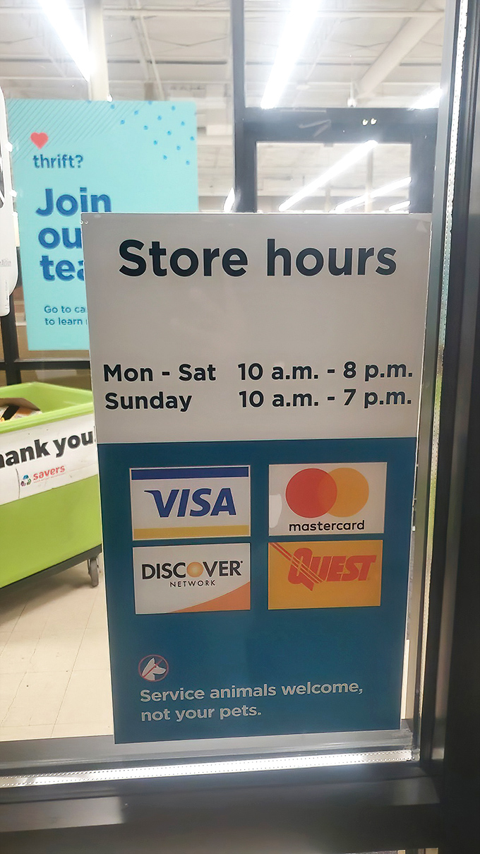 Store hours posted like a promise &ndash; ten hours daily of treasure hunting possibilities and unexpected finds.
