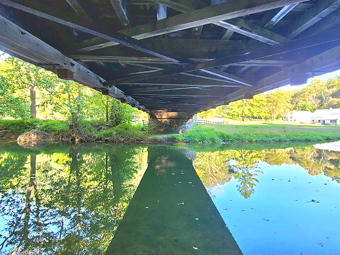 Looking up from creek level reveals the bridge's impressive engineering—a testament to 19th-century ingenuity that still stands strong today.