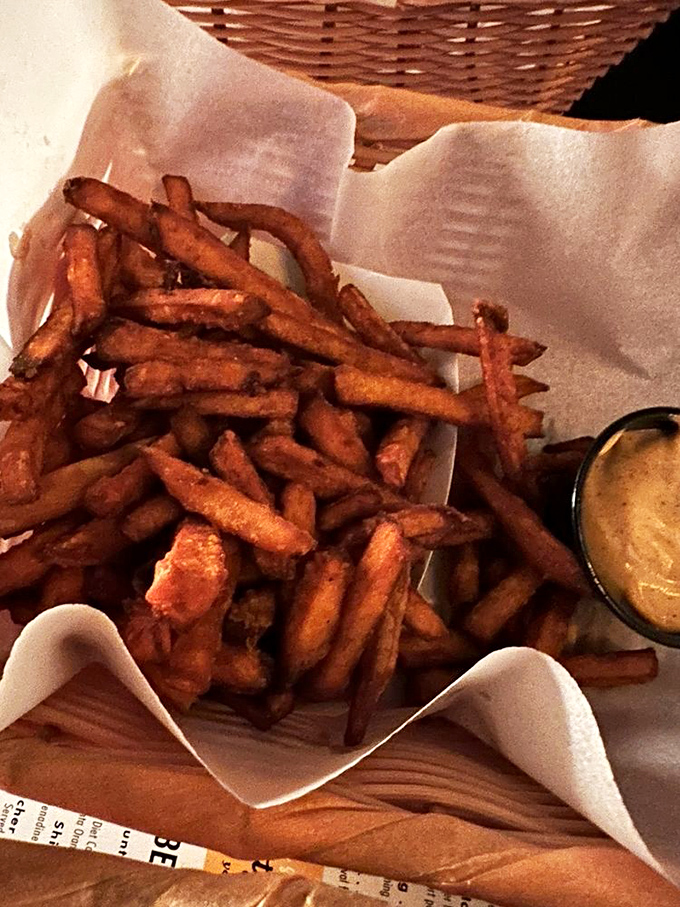 Sweet potato fries that strike the perfect balance between healthy intention and delicious reality. That dipping sauce deserves a Nobel Prize.