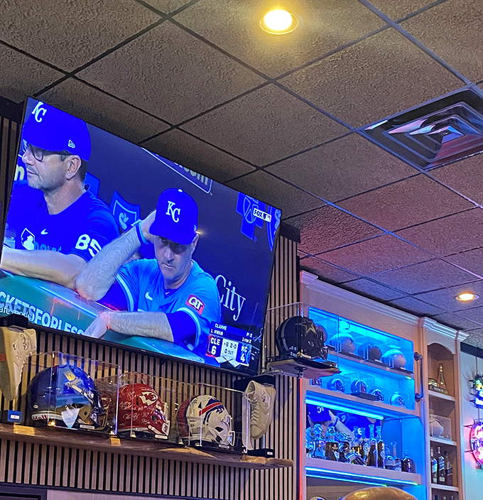 Sports memorabilia and flat screens create the perfect backdrop for that moment when your team scores and your food arrives simultaneously.