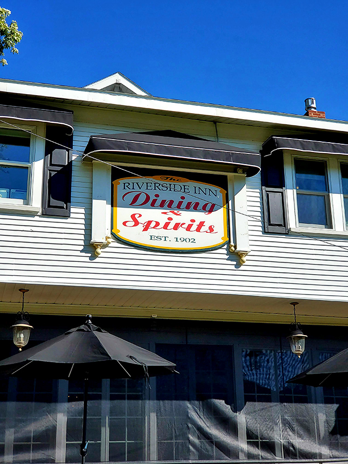 The Riverside Inn's sign promises both "Dining & Spirits"&mdash;and they're not just talking about the cocktail menu. This place has character!