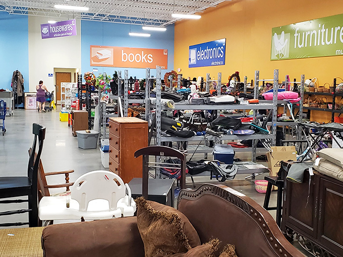 The store's organization system creates clear pathways between departments. That "books" sign is like a beacon calling to bibliophiles everywhere.