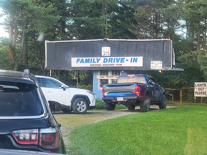 Cars line up at the entrance, each vehicle carrying passengers about to share in a collective American ritual.