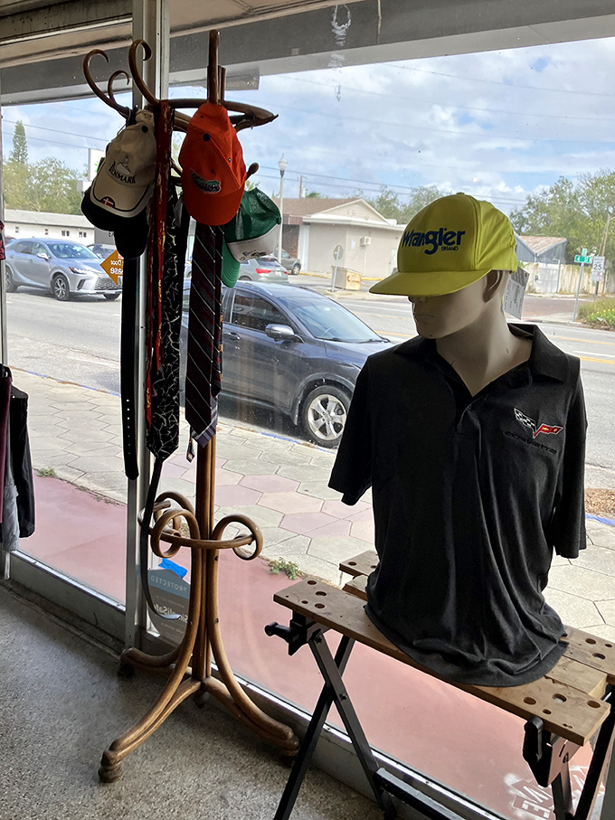 Hat rack heaven meets necktie nirvana. That Wrangler cap has seen some sunshine, but it's ready for more Florida adventures.