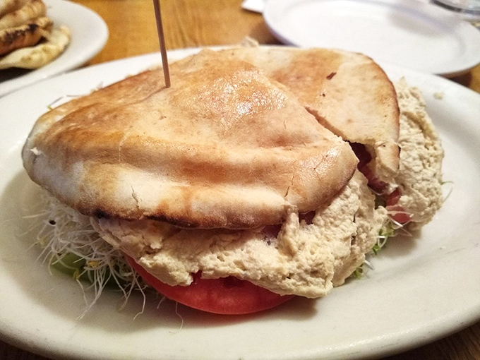 A hummus sandwich that proves bread's highest calling is to be the delivery system for creamy, garlicky perfection.