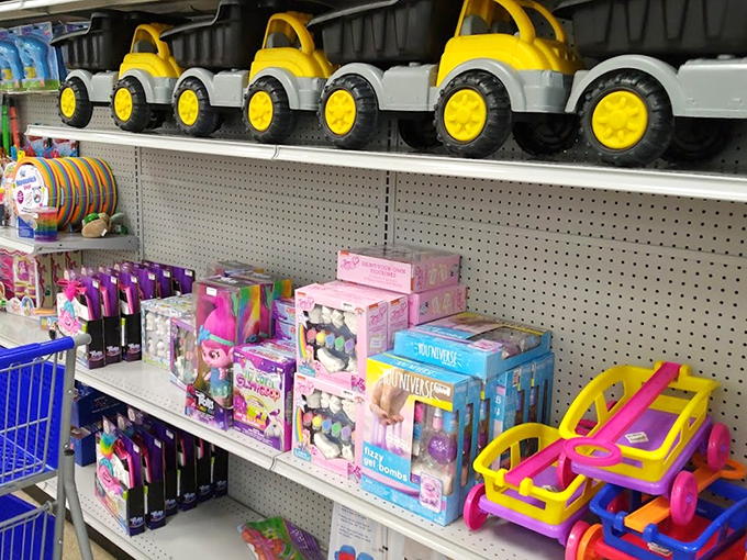 Childhood joy lined up in neat rows &ndash; where imagination meets affordability in a rainbow of plastic construction vehicles.