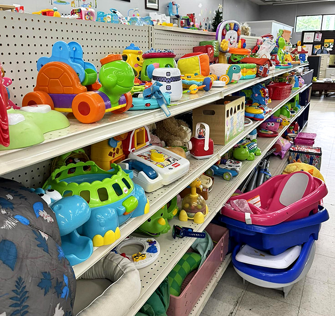 The toy section explodes with primary colors and possibilities, where today's bargains become tomorrow's playtime memories.