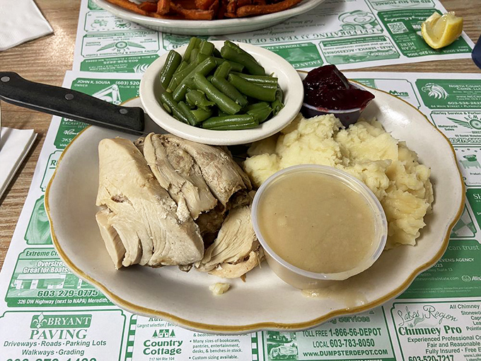 Turkey dinner that doesn't wait for Thanksgiving. Those green beans and mashed potatoes are the backup singers to the poultry's lead performance.