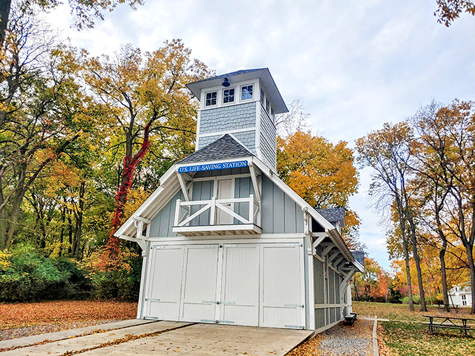 The Life-Saving Station stands ready amid autumn's glory, a beautiful reminder of the brave souls who once raced into stormy waters.