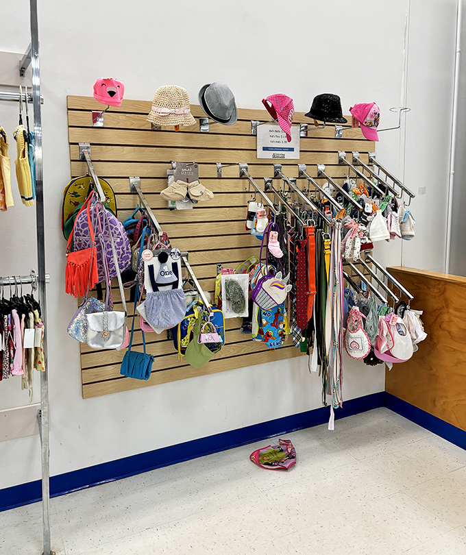 Accessory wall that would make any fashionista swoon. Hats, purses, and scarves living their best second lives, waiting for their next adventure.
