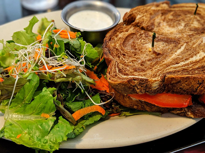 The vegetarian Reuben proves that going meatless doesn't mean flavor-less, paired with a salad that's actually trying to be more than an afterthought.