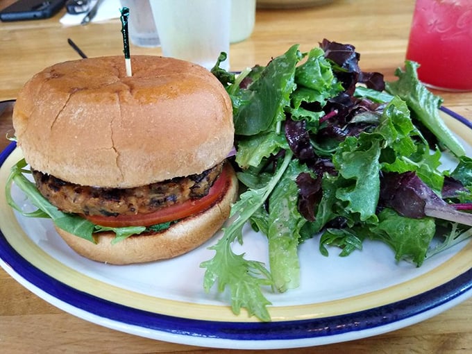 A veggie burger that meat-lovers secretly order when no one's looking. That side salad is just there to maintain the illusion of healthfulness.