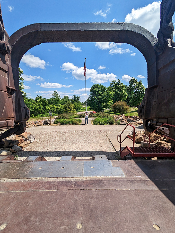 Looking outward from inside the bucket offers a framed perspective of America's industrial past and its reclaimed natural present.