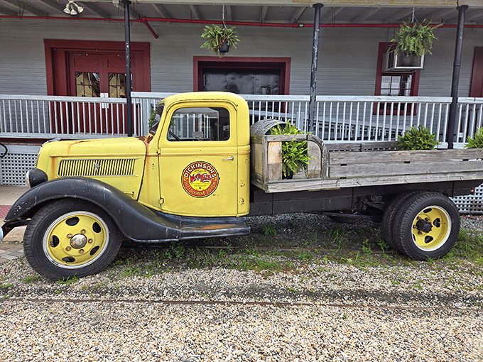 This sunshine-yellow vintage truck isn't just transportation&mdash;it's a rolling smile. The Essex Steam Train's attention to historical details extends beyond the rails.