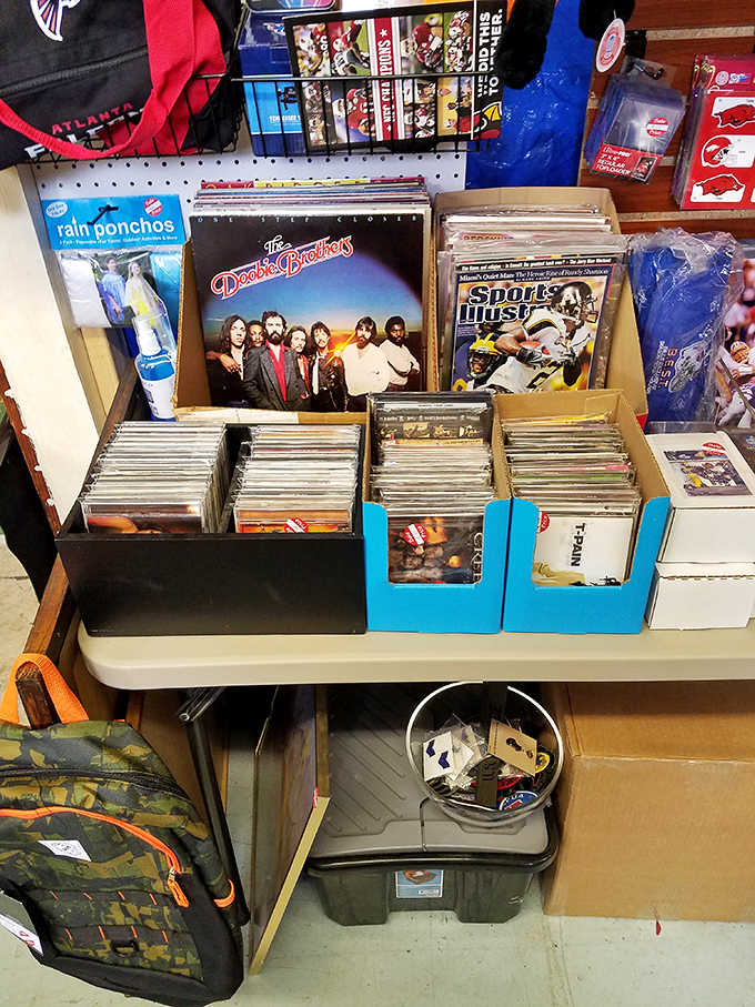 Vinyl revival heaven where The Doobie Brothers share shelf space with Sports Illustrated. Album archaeology at its finest!