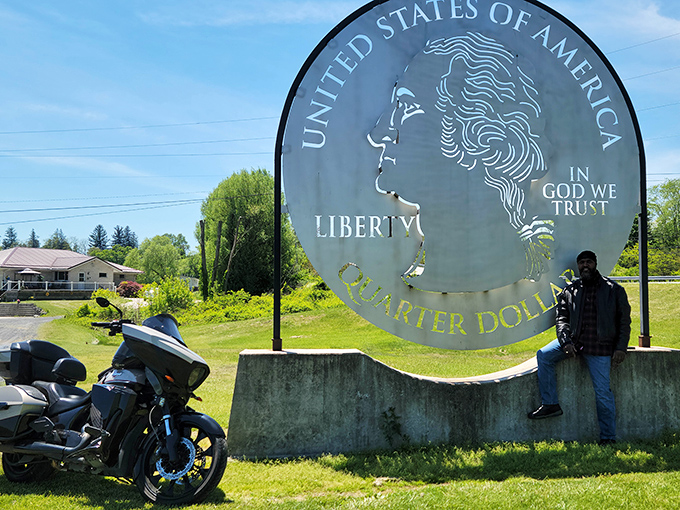 Motorcycle enthusiasts find the Giant Quarter a worthy destination. Nothing says "freedom" quite like the open road and oversized currency.
