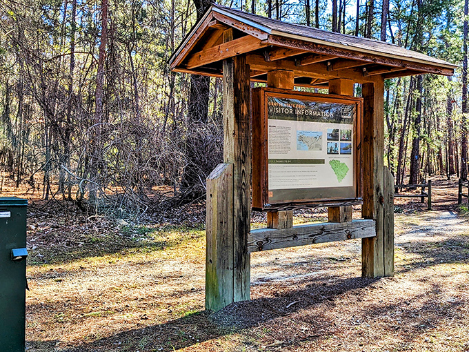 Rustic information kiosks stand ready to transform casual wanderers into informed explorers &ndash; knowledge with a roof.