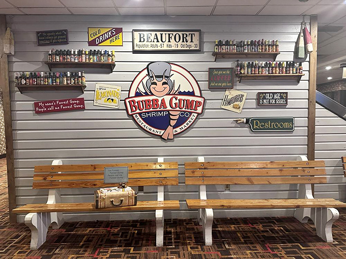 The wall of memorabilia and that iconic bench invite you to sit a spell, contemplate life's possibilities, and maybe quote a famous movie line or two.