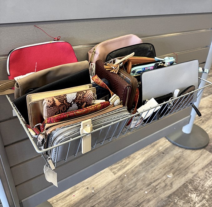 Wallet wonderland! A basket brimming with leather goods proves one person's "I'm over this" is another's "I've been searching everywhere for this!"