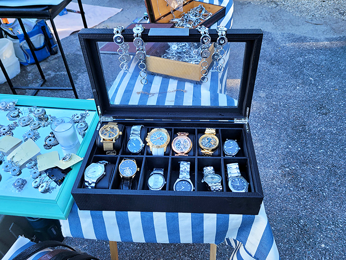 Timepieces slumbering in their velvet beds, each one waiting for the right wrist to come along and wind them back to life.