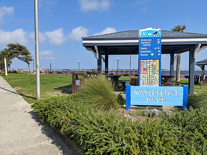 Waterfront Park's pavilion is Southport's front porch, where strangers become friends over shared sunset views and the mutual appreciation of doing absolutely nothing.