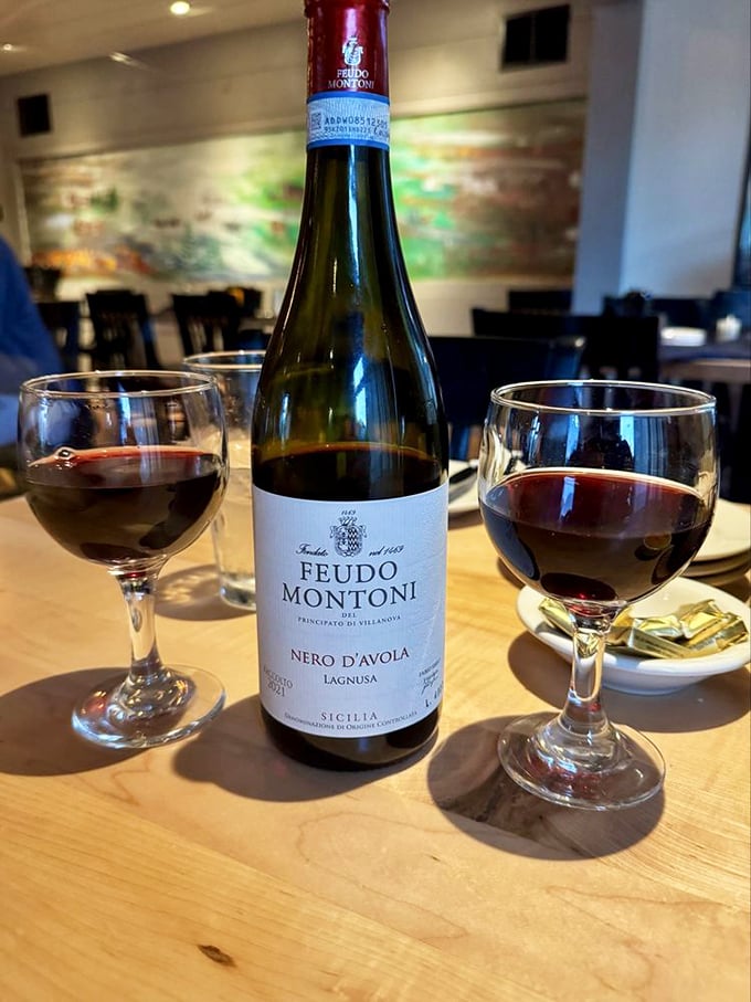 Sicilian Nero d'Avola shared between friends&mdash;because nothing says "I value our friendship" like splitting a bottle of robust red with your prime rib.