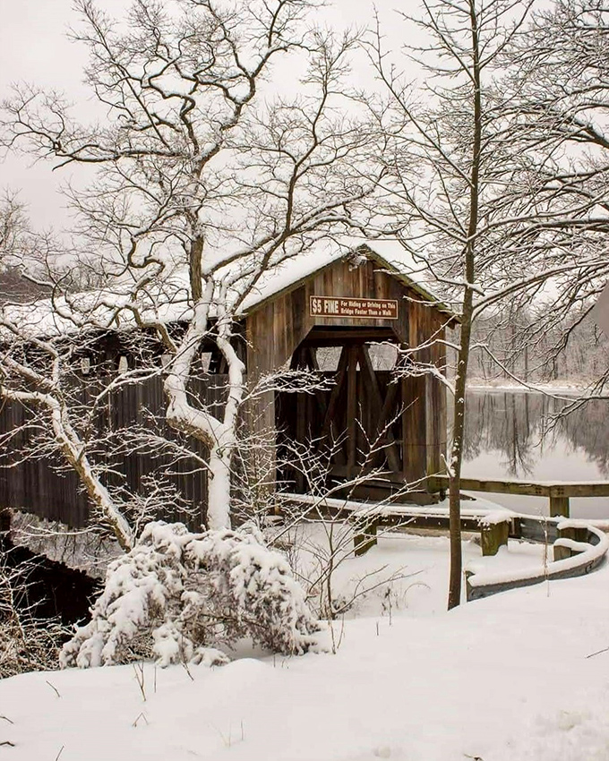 Winter's quiet magic transforms the bridge into a snow-dusted time capsule, like stepping into a vintage Michigan Christmas card.