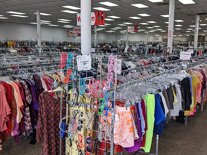 Rainbow rows of possibility&mdash;each garment rack contains someone's future favorite outfit just waiting to be discovered.