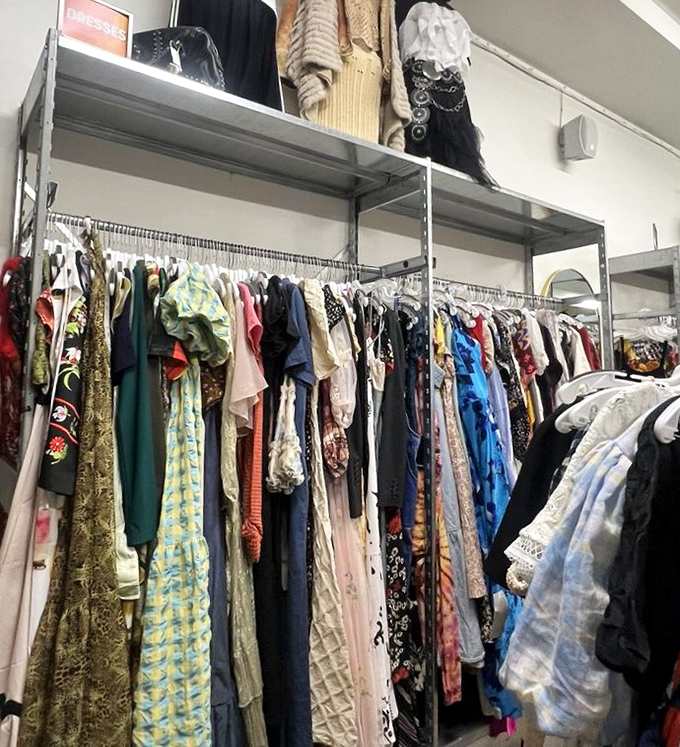 Women's dresses ranging from prairie-chic to cocktail-ready hang like colorful promises of the fabulous outfits yet to come.