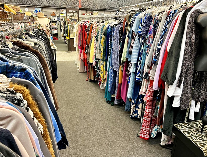 Clothing aisles that stretch toward infinity, where your next favorite outfit hangs patiently between a floral blouse and geometric pattern.