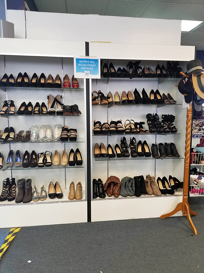 A shoe lover's paradise awaits! Row upon row of heels, flats, and boots organized by style—each pair holding the promise of that perfect fit at a fraction of retail prices.