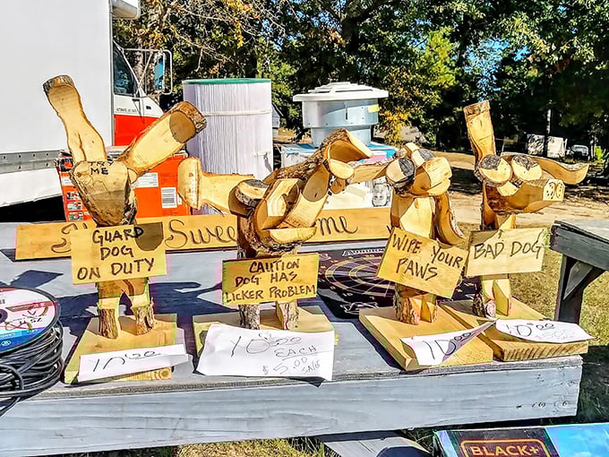 Wooden dogs with attitude! These hand-carved canines come with warnings that are more charming than their imaginary barks.