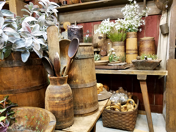 Rustic charm captured in wood and metal. These primitive tools and vessels tell stories of Pennsylvania farmhouse kitchens from another era.