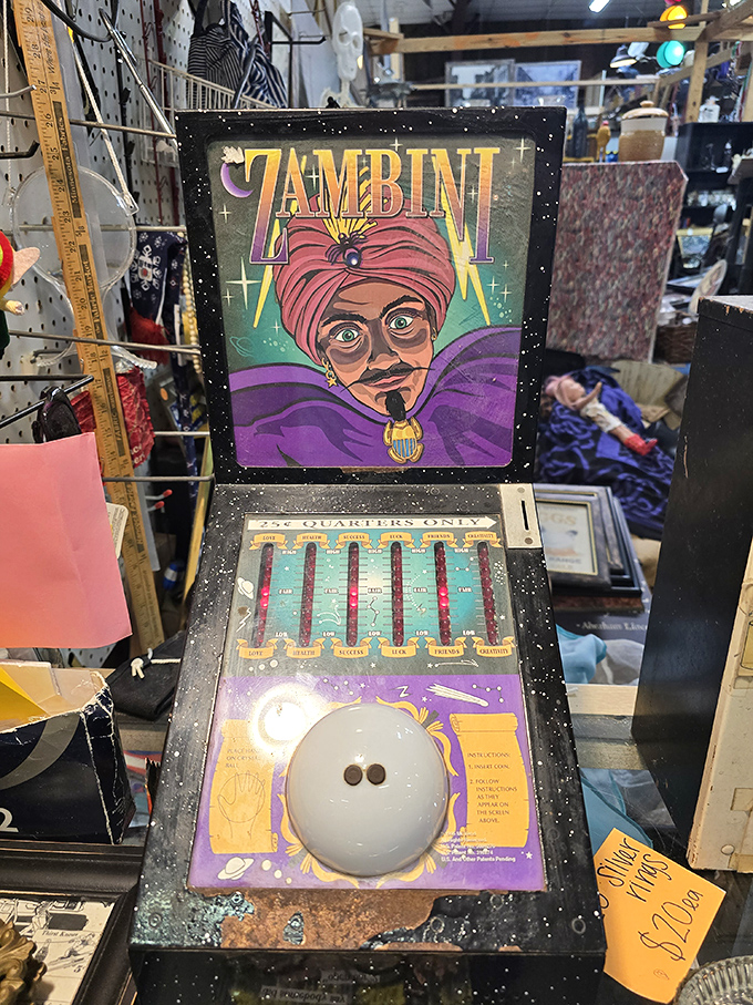 "Your fortune awaits!" The mystical Zambini fortune teller machine promises cosmic wisdom for just a quarter &ndash; vintage arcade magic at its finest.