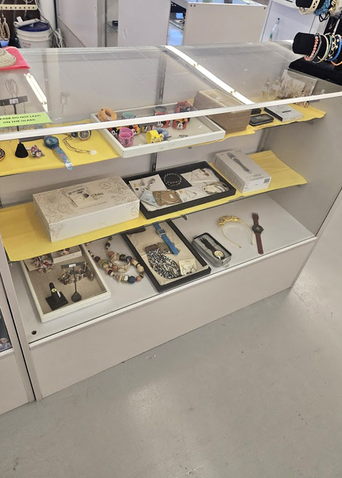 Jewelry cases that prove one person's "last season" is another's "just discovered treasure." Affordable elegance behind glass.