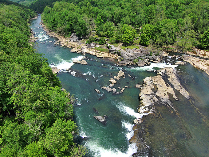 From above, the Tygart Valley River resembles a blue ribbon carefully placed among the green gift wrap of Appalachian forest.