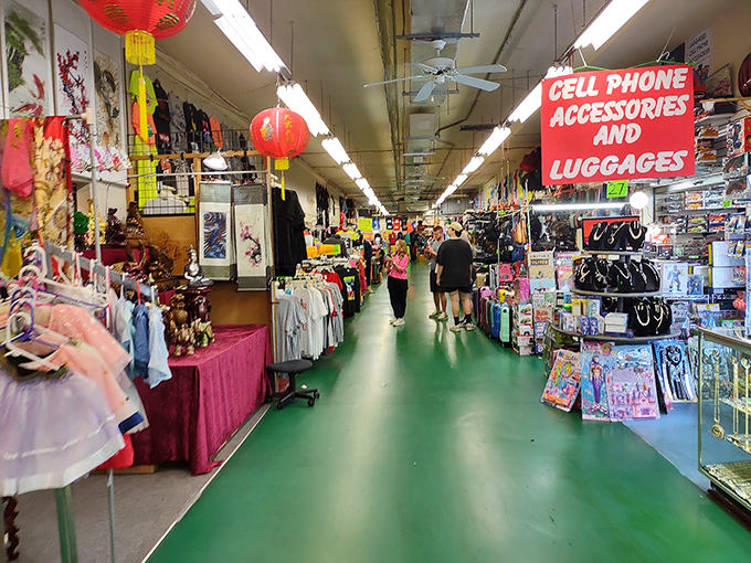 Cell phones and luggage share real estate in this aisle&mdash;perfect for tourists who need both a charger and extra space for all their new purchases.