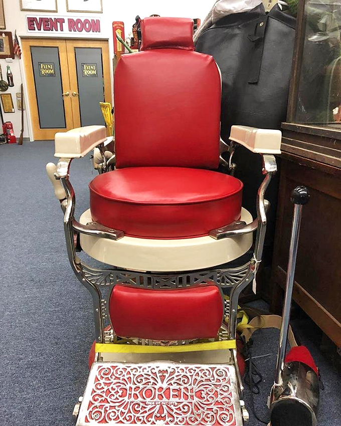 A classic Koken barber chair&mdash;where countless men received haircuts, hot shaves, and the neighborhood gossip in equal measure.