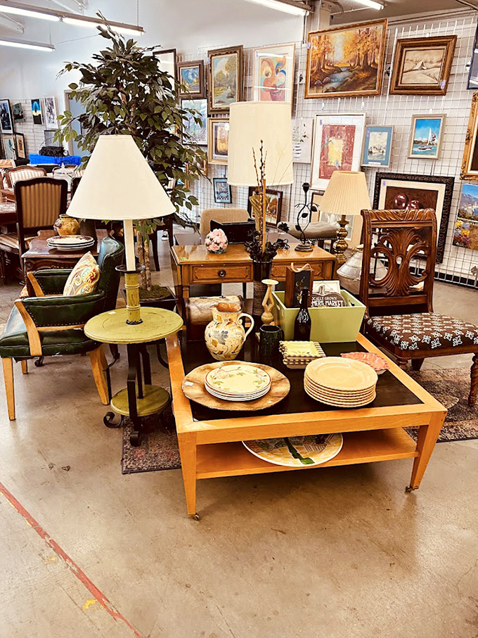 The home décor section resembles a museum of domestic aesthetics, where lamps, artwork, and side tables create impromptu room settings.