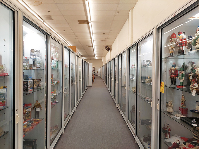 The glass case corridor&mdash;where collectibles are displayed like museum artifacts, but unlike museums, everything's for sale.